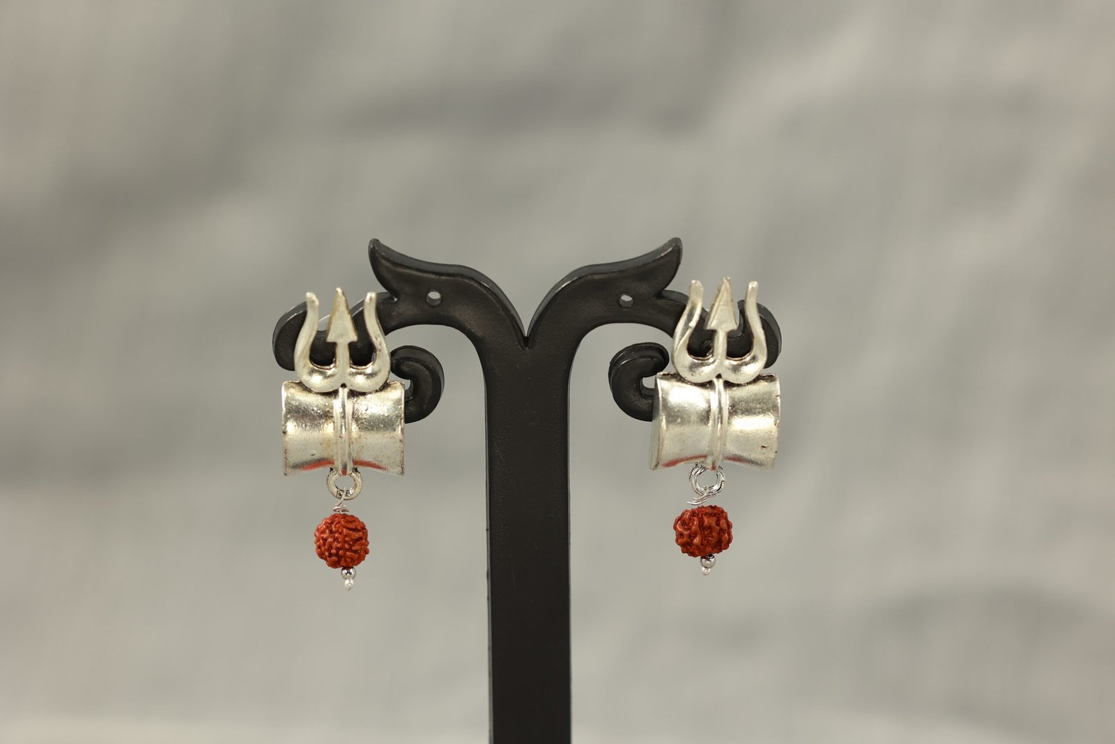 Elegant Silver Oxidised Trishul Earrings with Rudraksh Bead – Vybz Storyz